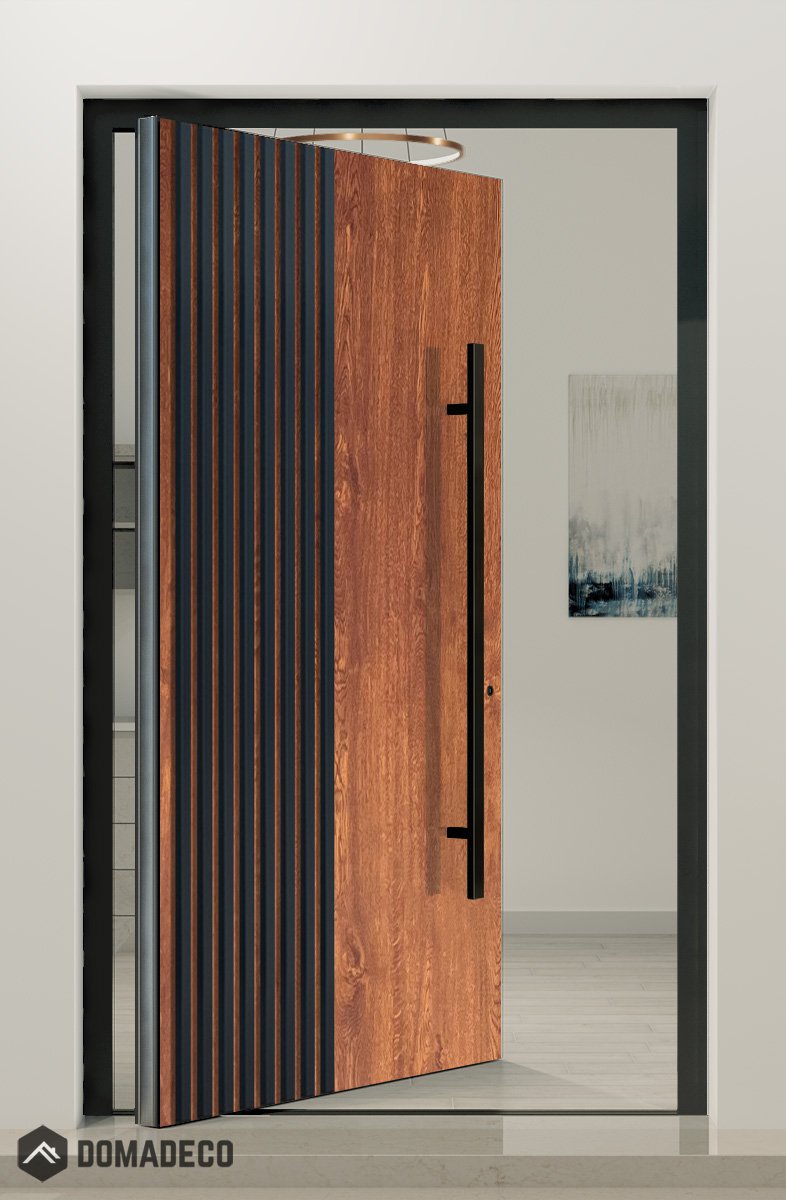 PIVOT RAIL6 - aluminum pivot door with black vertical slats made of ...