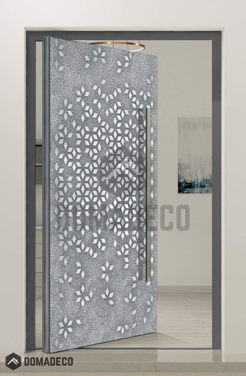 PIVOT Squares - pivot door with squares texture of milled metal Domadeco